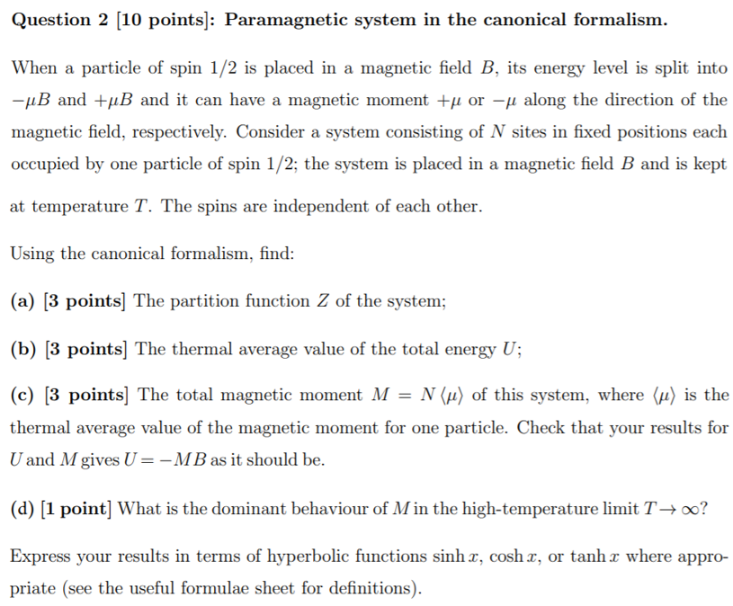 Solved Question 2 (10 points]: Paramagnetic system in the | Chegg.com