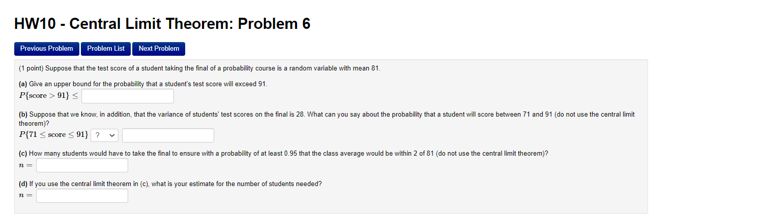 Solved HW10 - Central Limit Theorem: Problem 6 Previous | Chegg.com