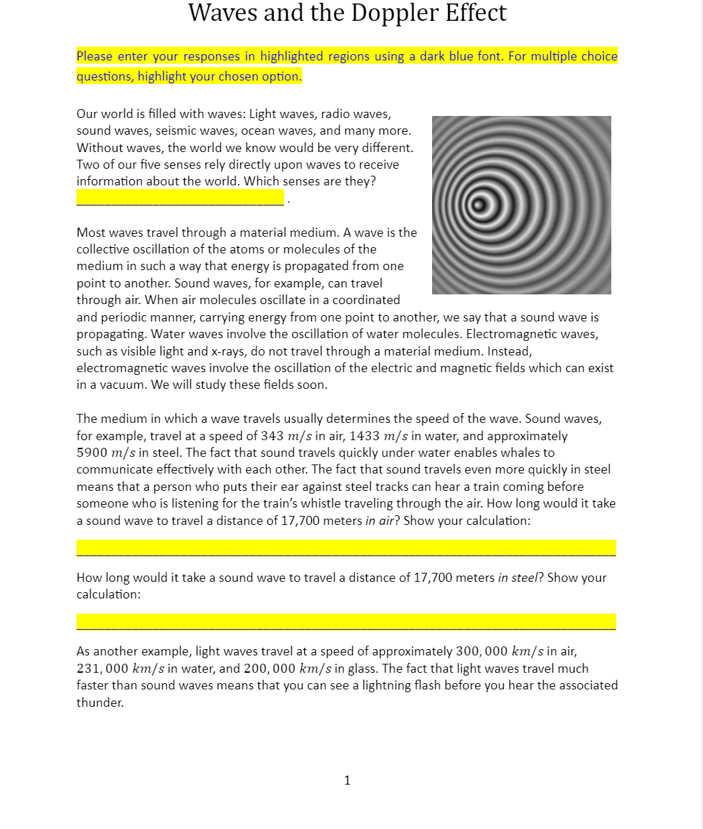 Solved Waves and the Doppler Effect Please enter your | Chegg.com
