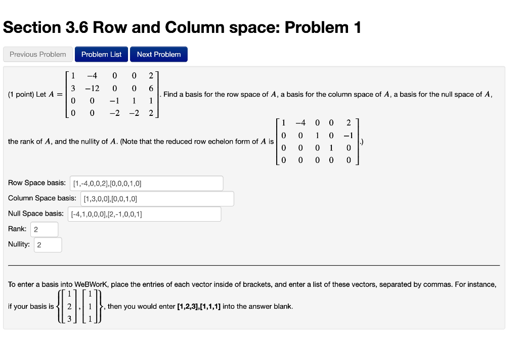 Solved Section 3.6 Row and Column space: Problem 1 Previous | Chegg.com