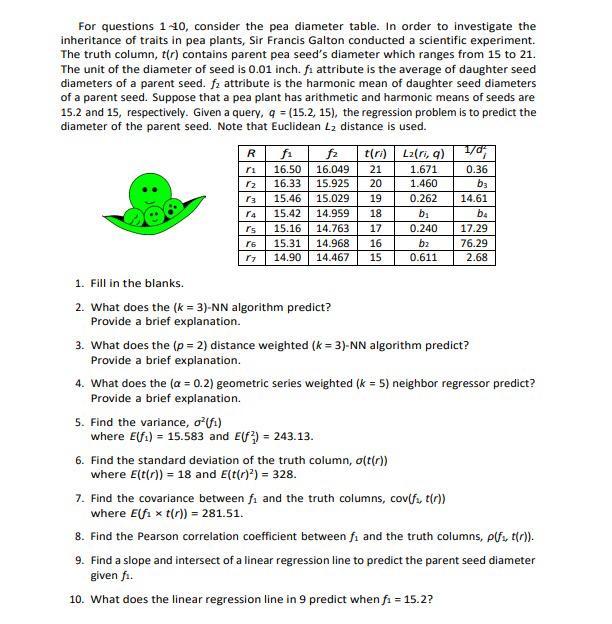 Solved For questions 1−10, consider the pea diameter table. | Chegg.com