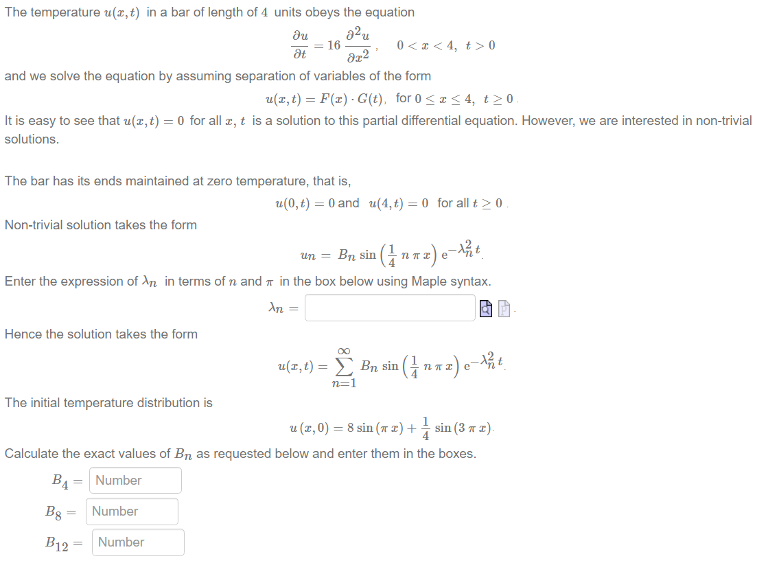 Solved The temperature u(x,t) ﻿in a bar of length of 4 | Chegg.com