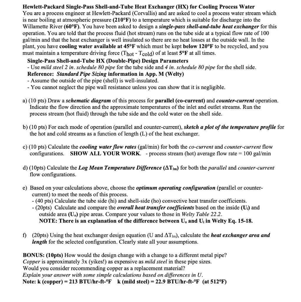 Solved Hewlett-Packard Single-Pass Shell-and-Tube Heat | Chegg.com