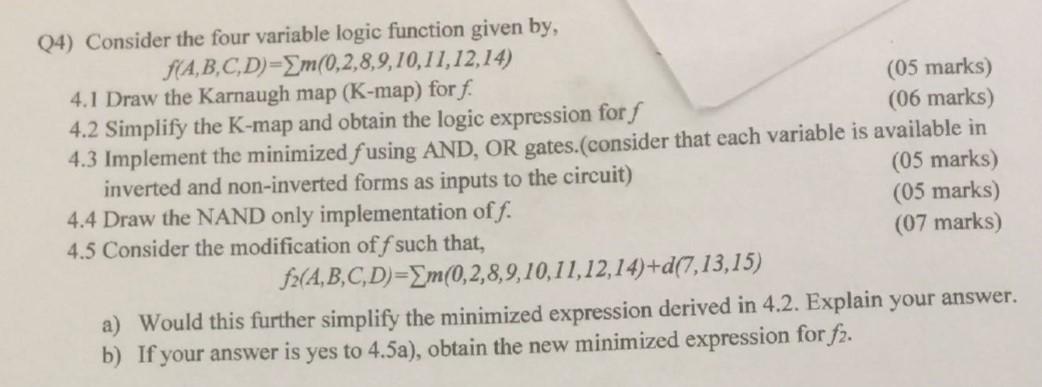 Solved 4 Consider The Four Variable Logic Function Given