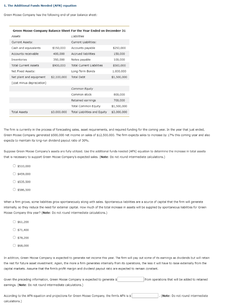 Solved 1. The Additional Funds Needed (AFN) equation Green | Chegg.com