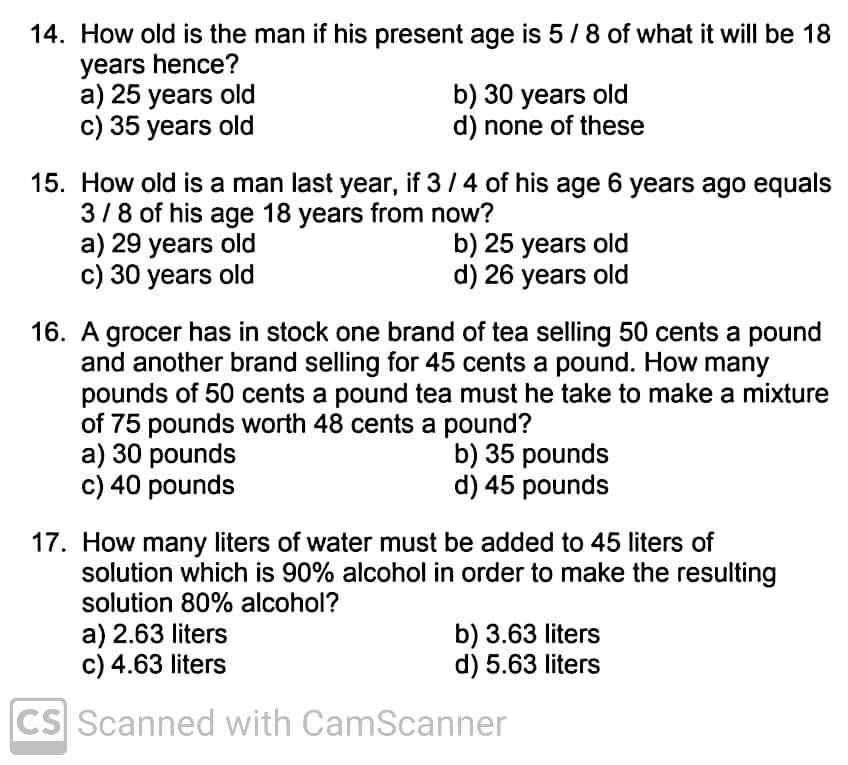Solved 14. How old is the man if his present age is 5 / 8 of | Chegg.com