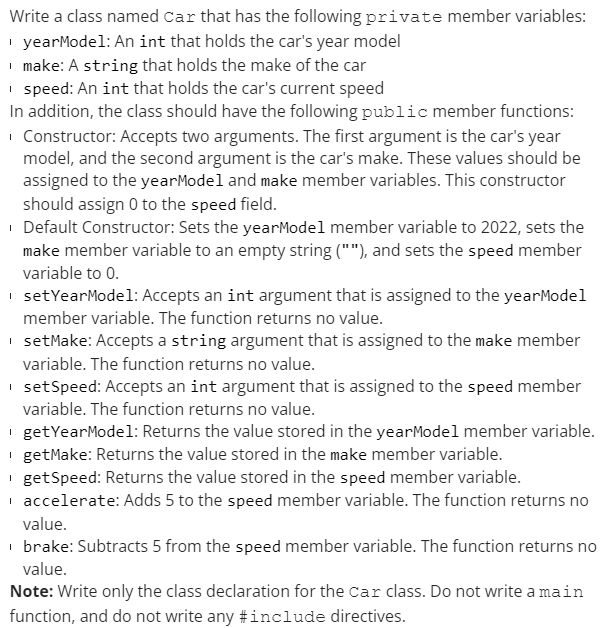 Solved Write a class named car that has the following | Chegg.com