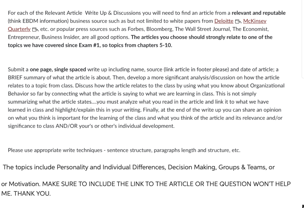 For each of the Relevant Article Write Up \& | Chegg.com