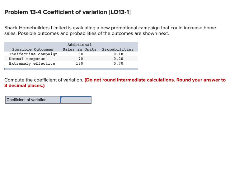 Solved Problem 13-4 Coefficient of variation (LO13-1) Shack | Chegg.com