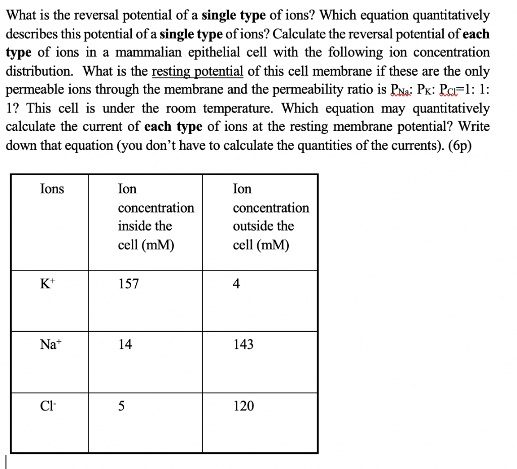 What is the reversal potential of a single type of | Chegg.com
