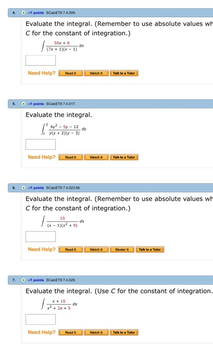 Solved -/1 points SCalcET8 7.4.009. Evaluate the integral. | Chegg.com