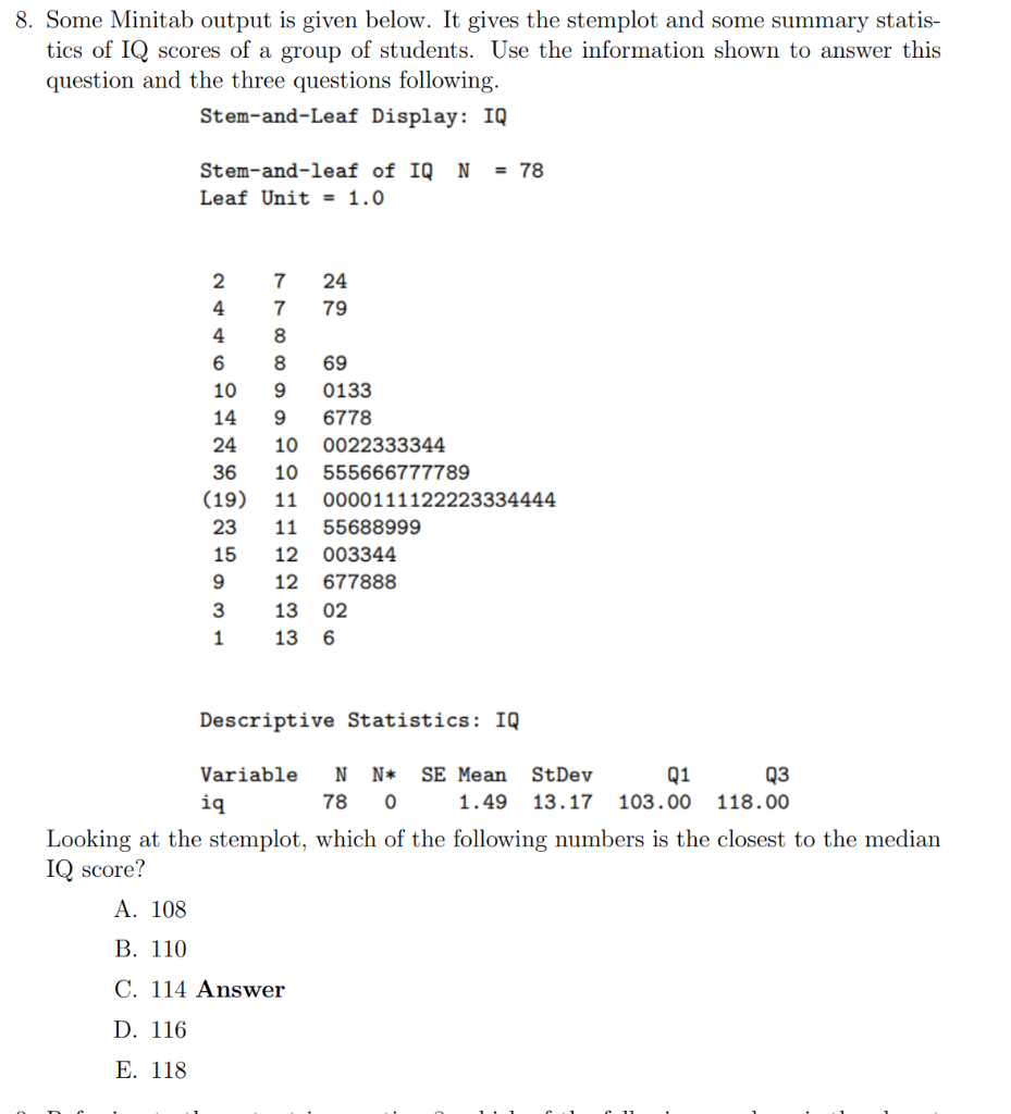 Solved 8. Some Minitab output is given below. It gives the | Chegg.com