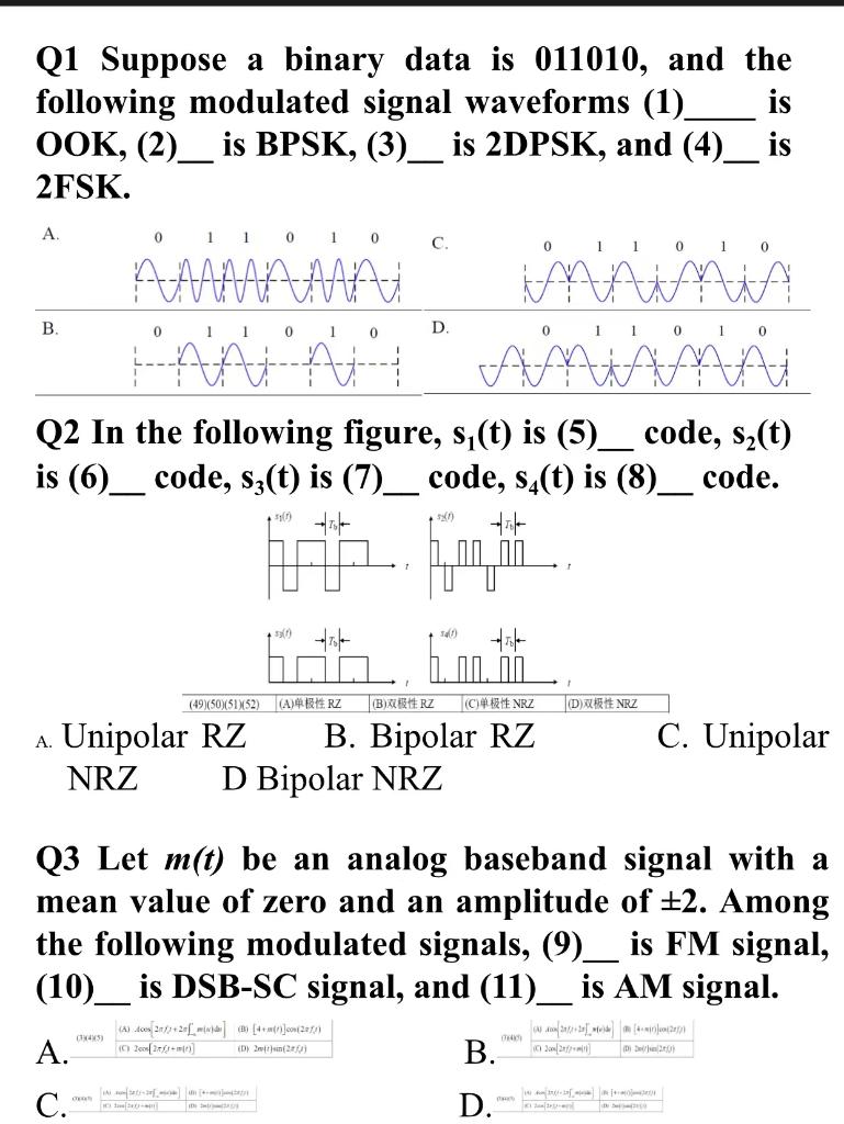 Solved Q1 Suppose a binary data is 011010, and the following | Chegg.com