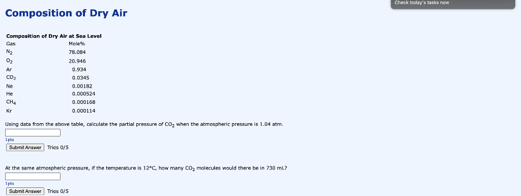 Solved Check today's tasks now Composition of Dry Air | Chegg.com