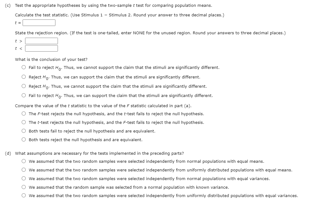 Solved The reaction times for two different stimuli in a | Chegg.com