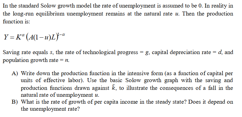 Solved In the standard Solow growth model the rate of | Chegg.com