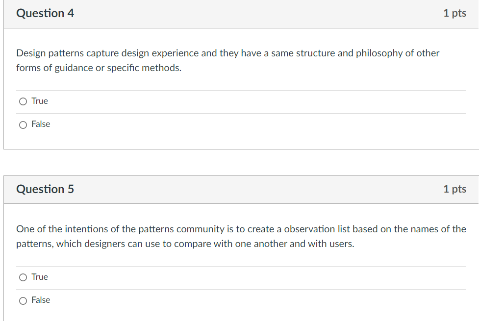 Solved Question 4 1 pts Design patterns capture design | Chegg.com