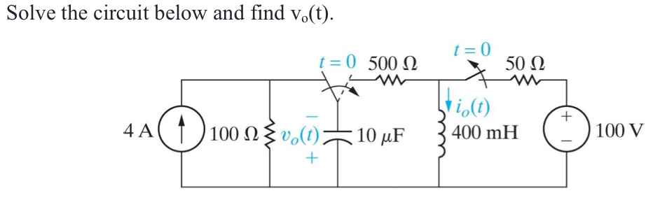 Solved Solve the circuit below and find vo(t). t= 0 t=0 5000 | Chegg.com