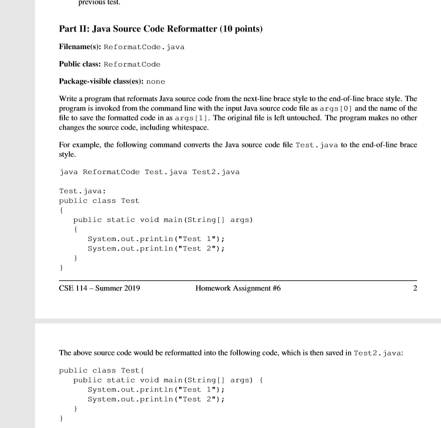 Solved previous test Part II: Java Source Code Reformatter | Chegg.com