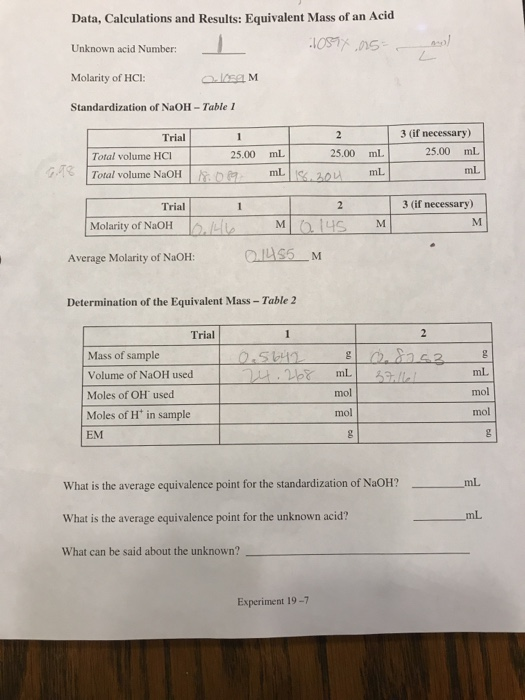 Solved Data, Calculations and Results: Equivalent Mass of an | Chegg.com
