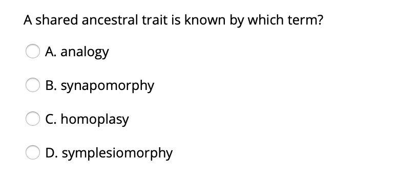 Solved A shared ancestral trait is known by which term? O A. | Chegg.com