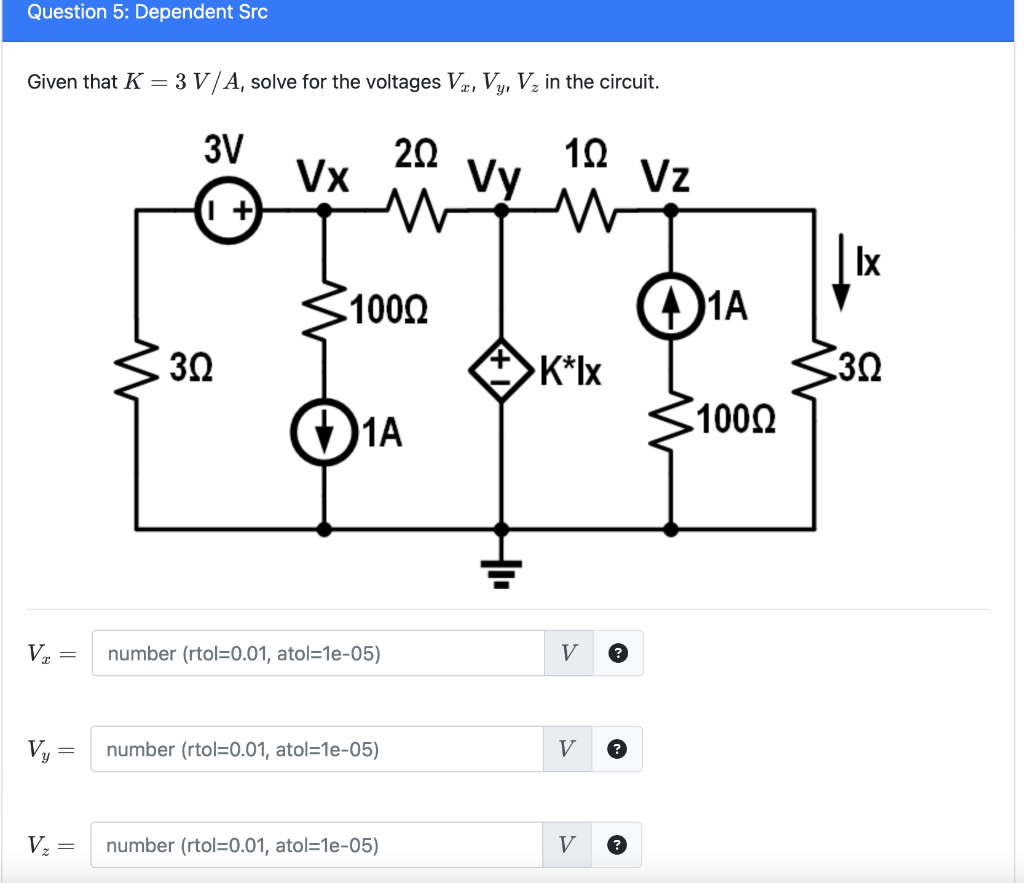Solved Given that K=3V/A, solve for the voltages Vx,Vy,Vz in | Chegg.com