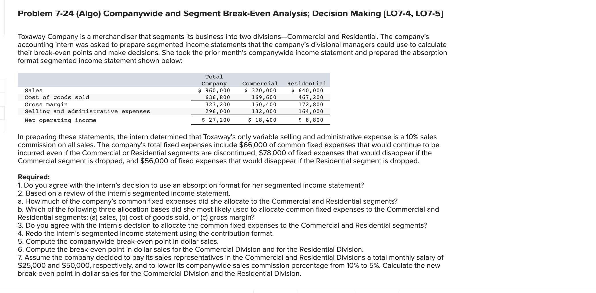 Solved Problem 7-24 (Algo) Companywide and Segment | Chegg.com