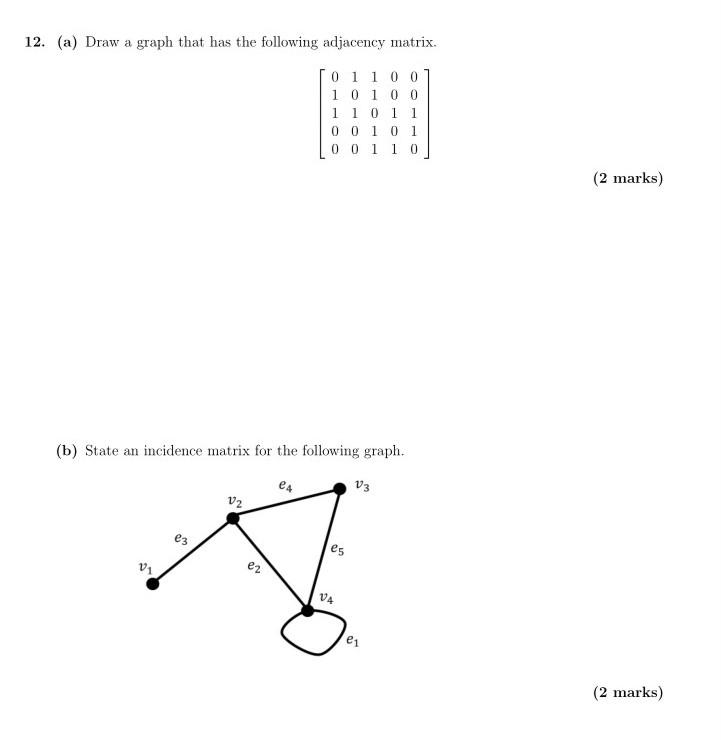 Solved 12. (a) Draw a graph that has the following adjacency | Chegg.com