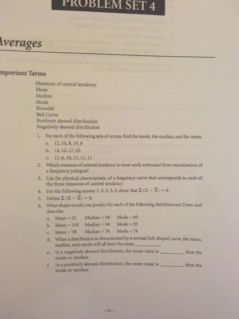 Solved PROBLEM SET 4 Hverages mportant Terms Measures of | Chegg.com