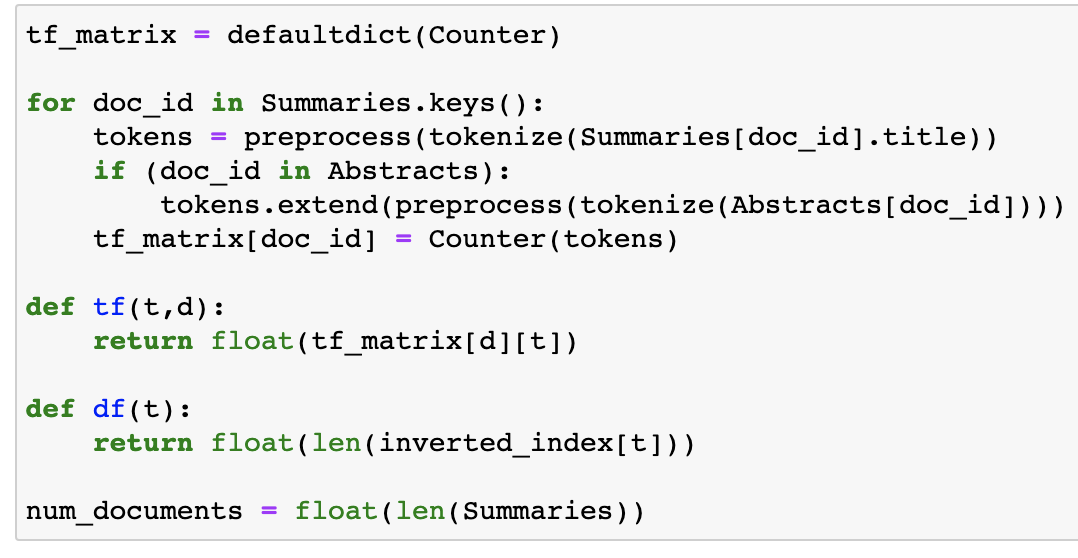 Solved Create a function tfidf(t,d) that returns the tf-idf | Chegg.com