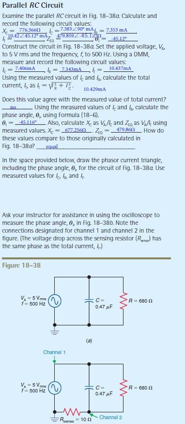 Solved -45.12 le = 7.406mA Parallel RC Circuit Examine the | Chegg.com