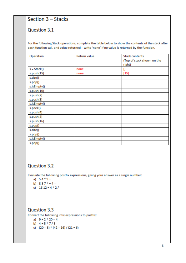 Solved Section 3 - Stacks Question 3.1 none none For the | Chegg.com