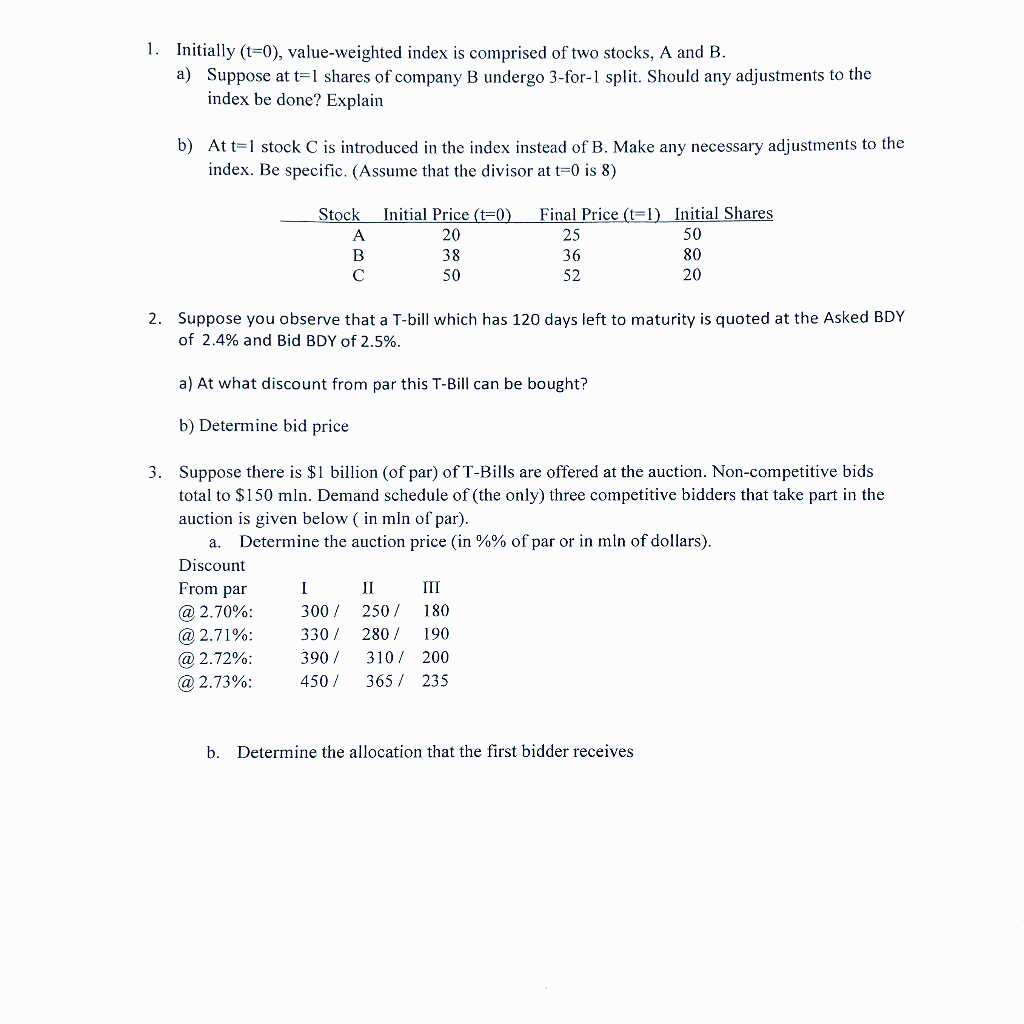 Solved 1. Initially (t=0), value-weighted index is comprised | Chegg.com
