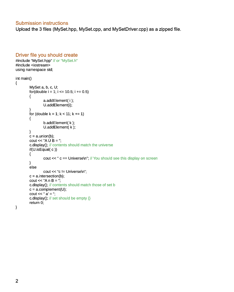 Solved Set Class Specifications Create a class that | Chegg.com