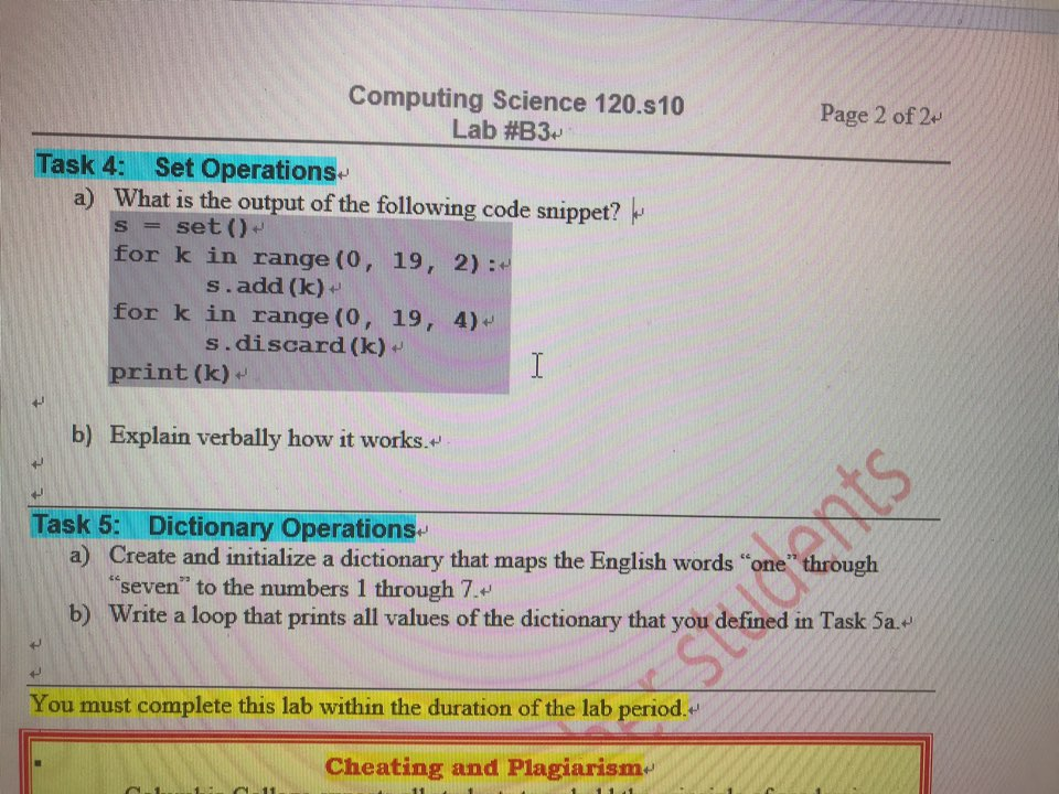 Solved Computing Science 120.s10 Lab #B3+' Page 2 of 2 Task | Chegg.com