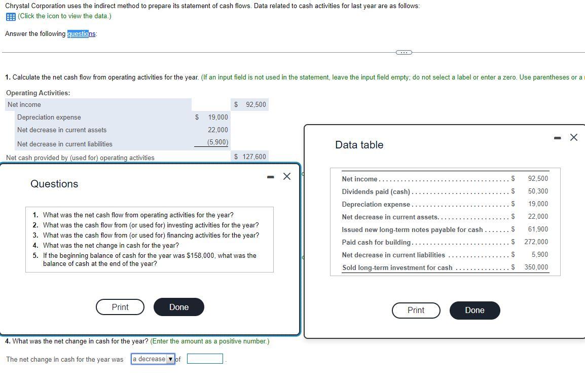 Solved Chrystal Corporation uses the indirect method to | Chegg.com