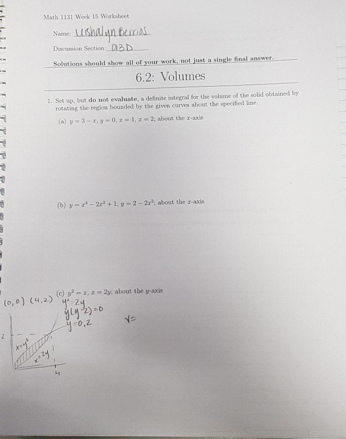 Solved Math 1131 Week 15 Worksheet Name: LuShalin ees | Chegg.com