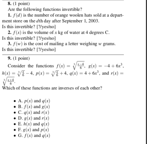 Solved 8. (1 point) Are the following functions invertible? | Chegg.com