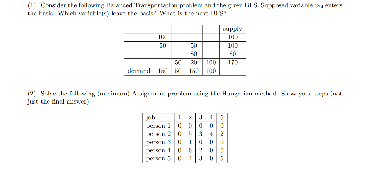 (1). Consider the following Balanced Transportation | Chegg.com