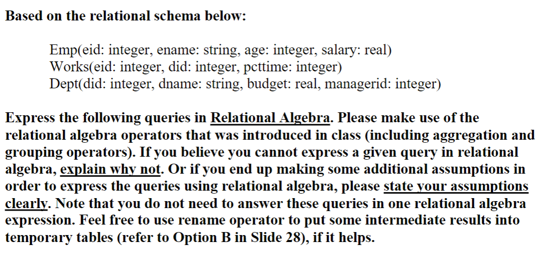 Solved Based on the relational schema below: Emp(eid: | Chegg.com