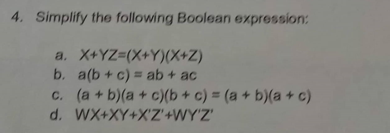 Solved 4. Simplify the following Boolean expression: a. | Chegg.com