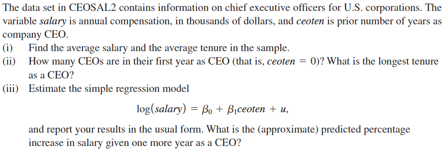 Solved (ii) The data set in CEOSAL2 contains information on | Chegg.com