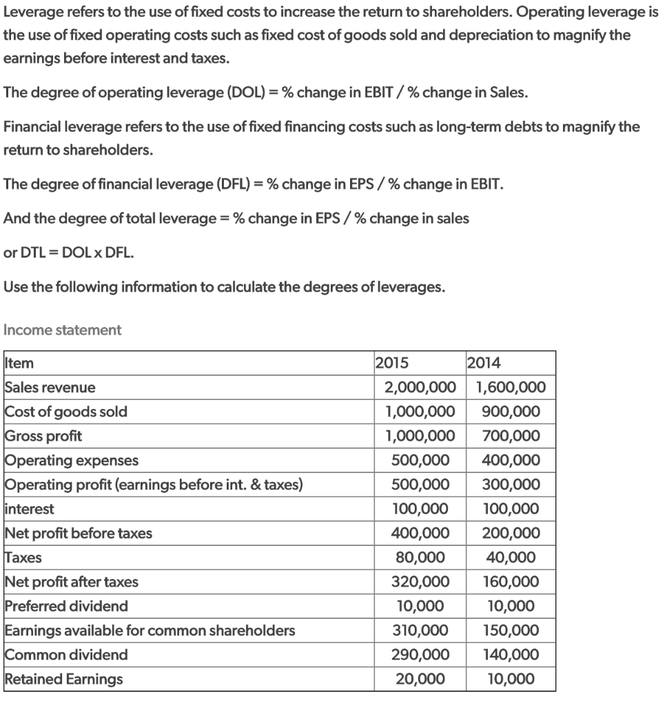 Solved Leverage refers to the use of fixed costs to increase | Chegg.com