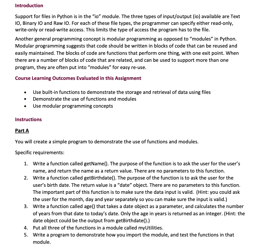 Solved Introduction Support for files in Python is in the | Chegg.com