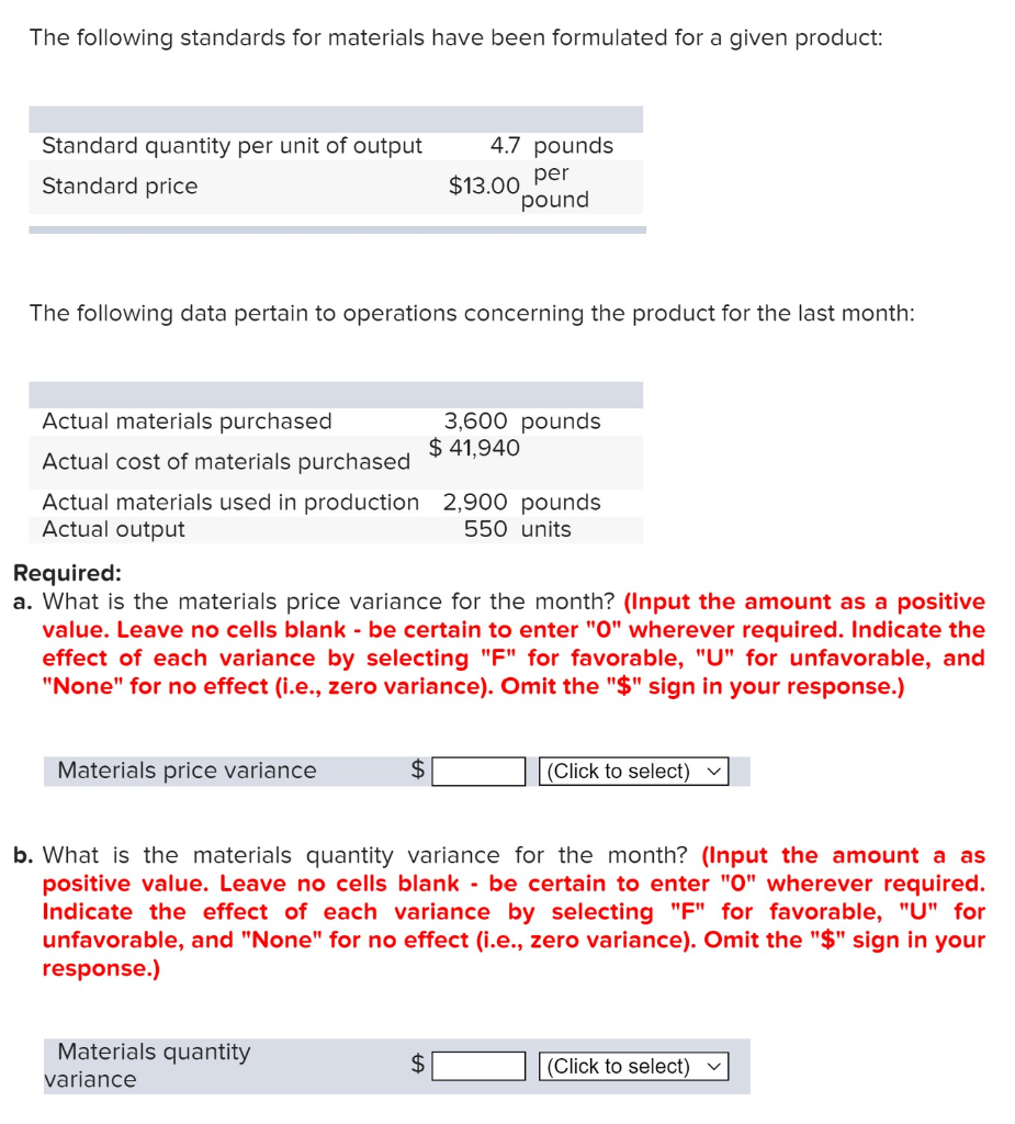 Solved The following standards for materials have been | Chegg.com