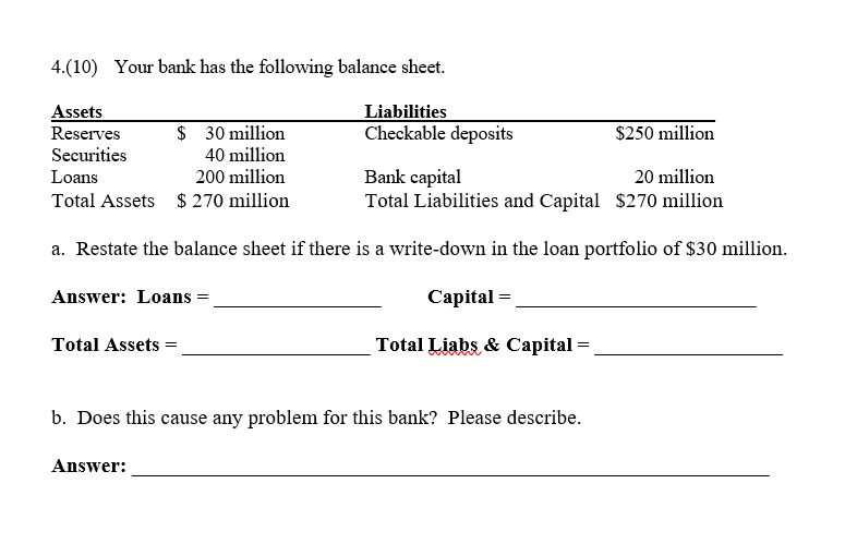 Solved 4.(10) Your bank has the following balance sheet. | Chegg.com