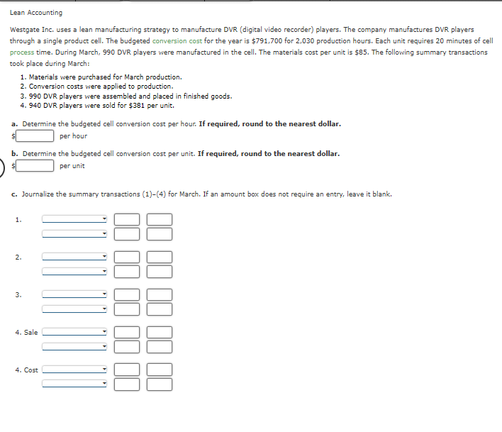 Solved Lean Accounting Westgate Inc, uses a lean | Chegg.com