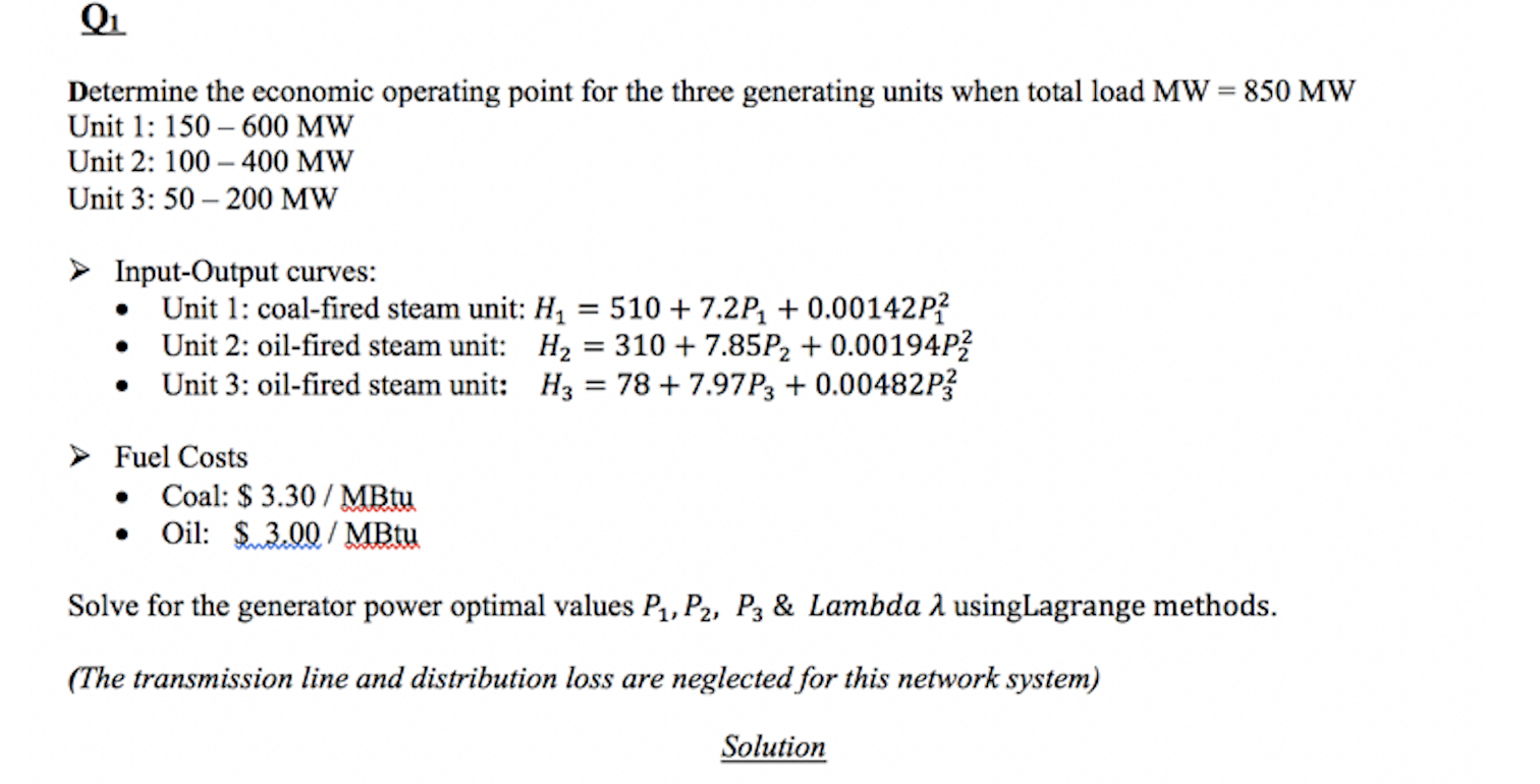 Solved Qi Determine the economic operating point for the | Chegg.com