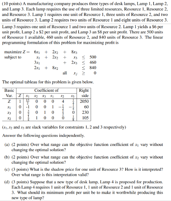 Solved (10 points) A manufacturing company produces three | Chegg.com
