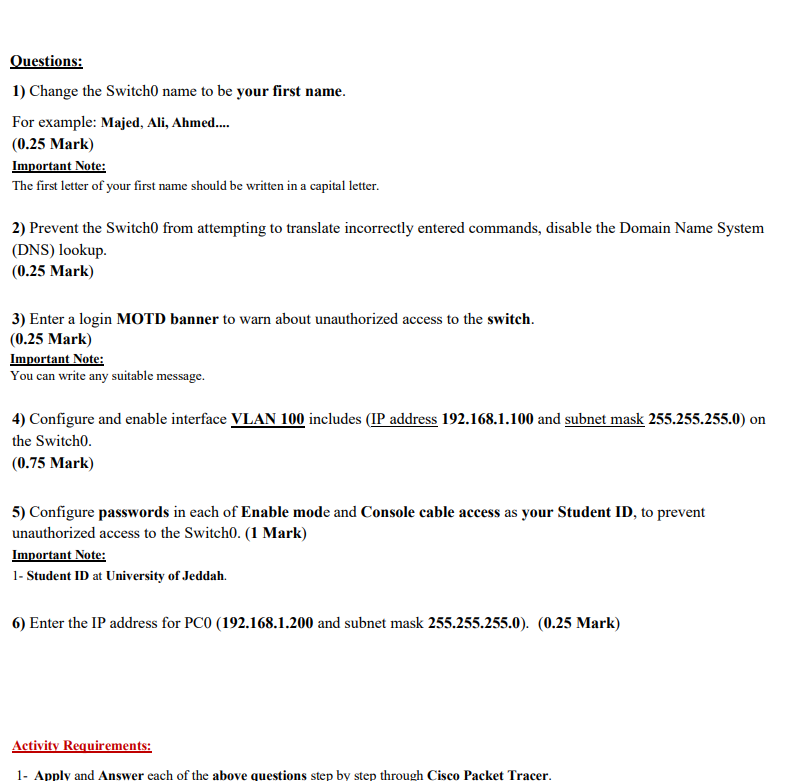 Solved Addressing Table: Required Resources: 1 Cisco | Chegg.com